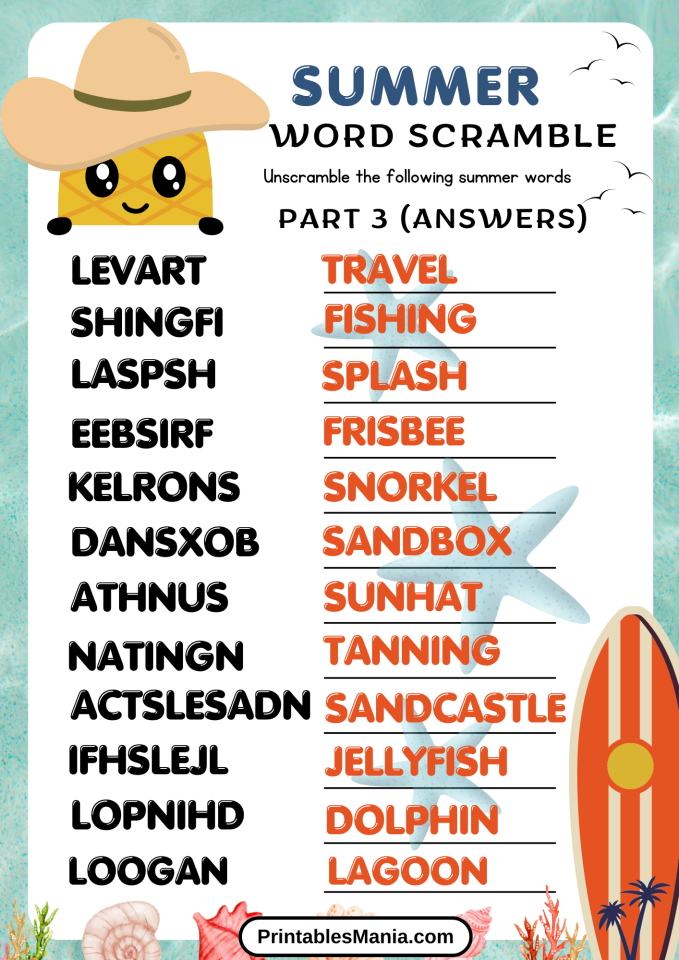 Summer Word Scramble Worksheet Printable - Printables Mania