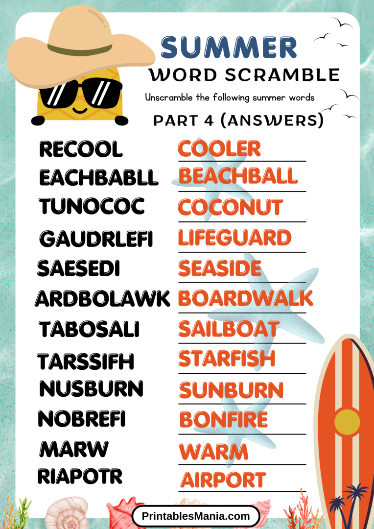 Summer Word Scramble Worksheet Printable - Printables Mania