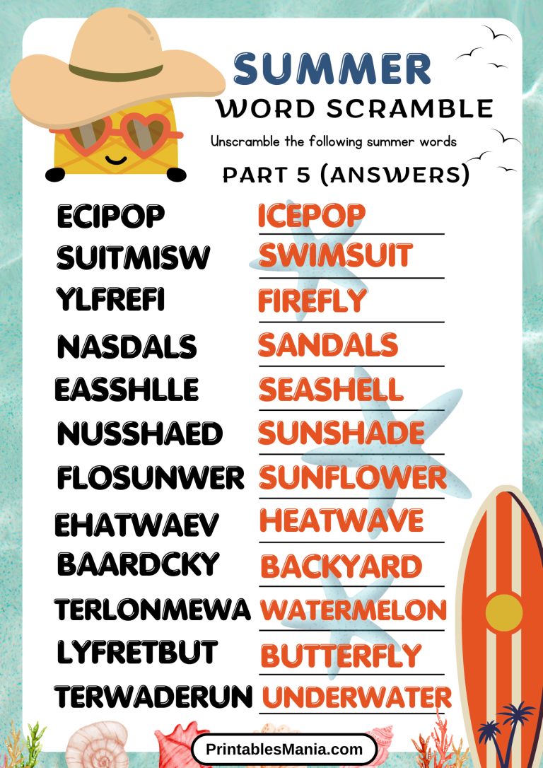Summer Word Scramble Worksheet Printable - Printables Mania