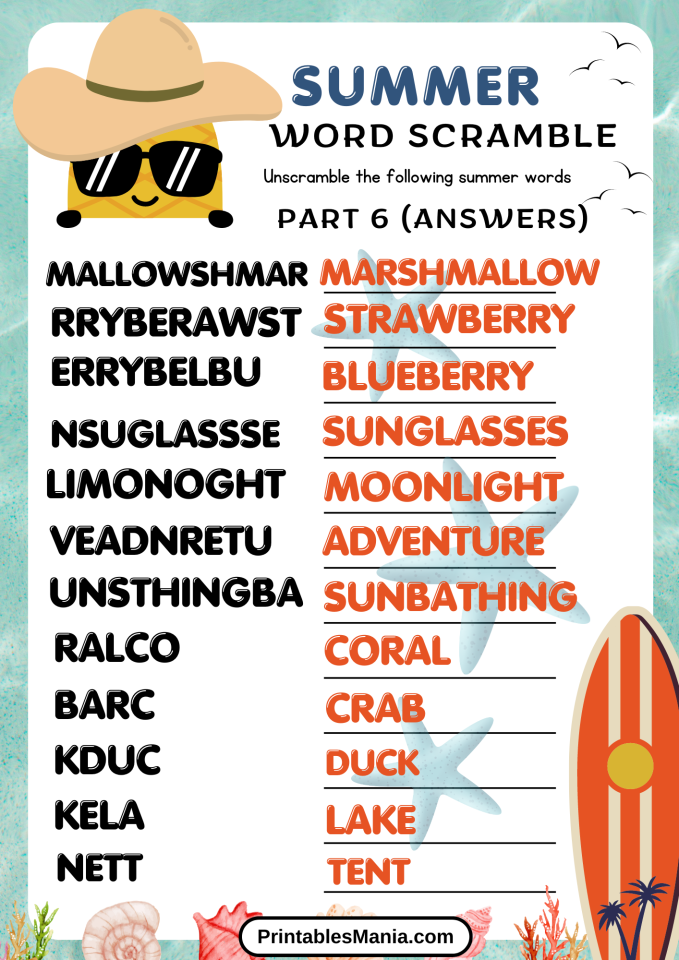 Summer Word Scramble Worksheet Printable - Printables Mania