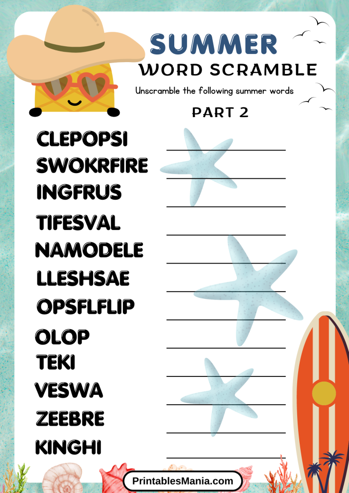 Summer Word Scramble Worksheet Printable - Printables Mania