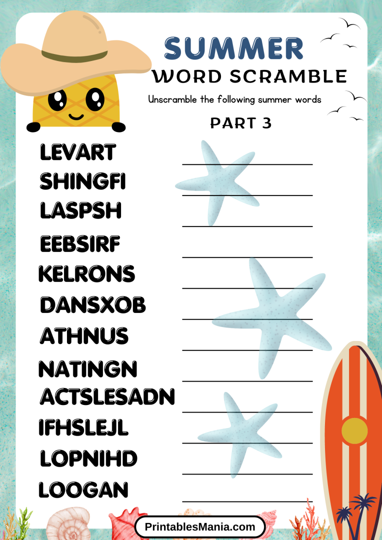 Summer Word Scramble Worksheet Printable - Printables Mania