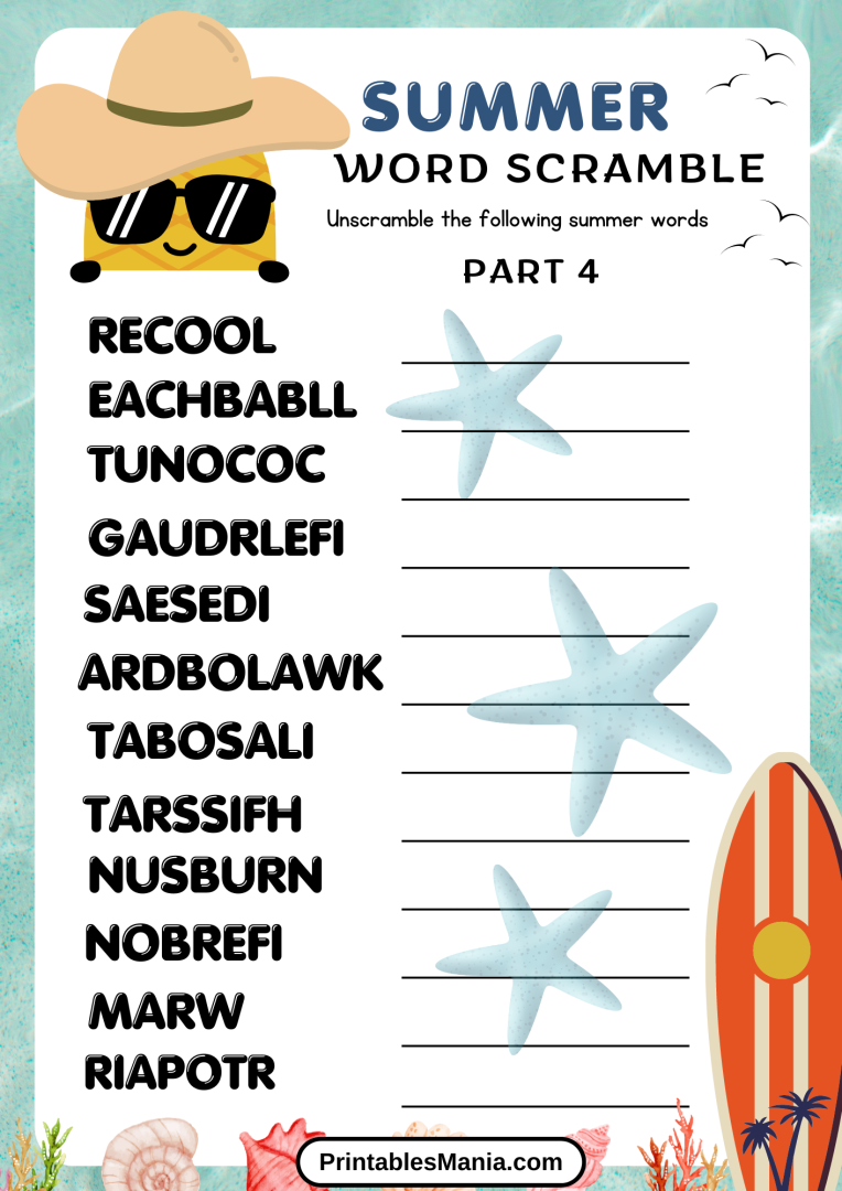 Summer Word Scramble Worksheet Printable - Printables Mania