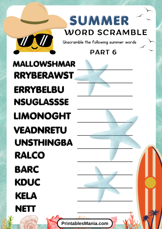 Summer Word Scramble Worksheet Printable - Printables Mania