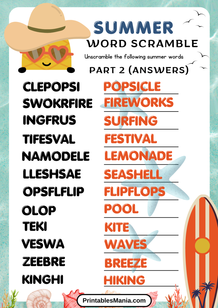 Summer Word Scramble Worksheet Printable - Printables Mania