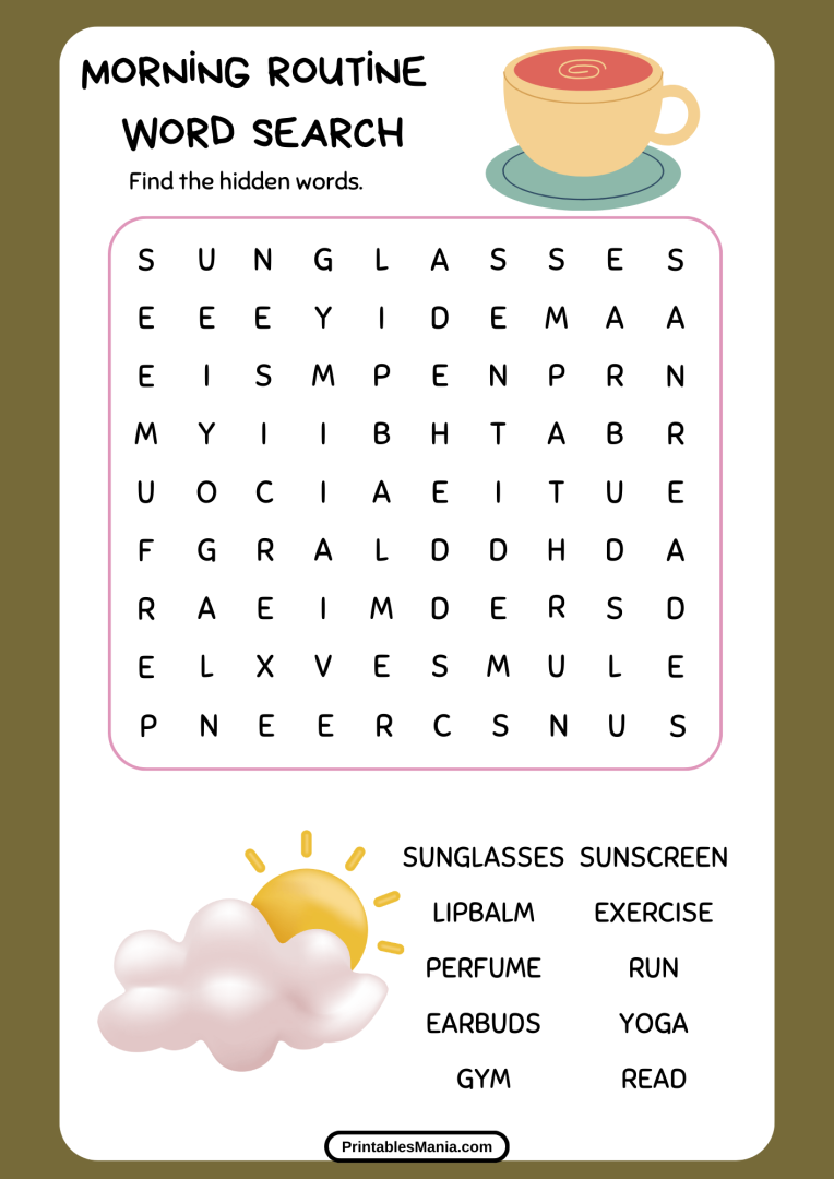 Morning Routine Word Search - Printables Mania