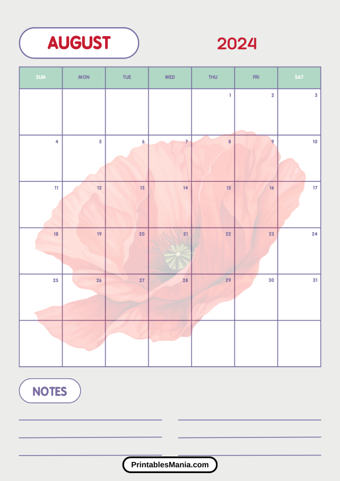 August 2024 Calendar Printable - Printables Mania