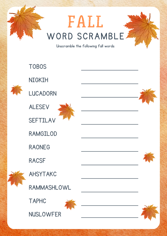 Fall Word Scramble (With Answers PDF) - Printables Mania