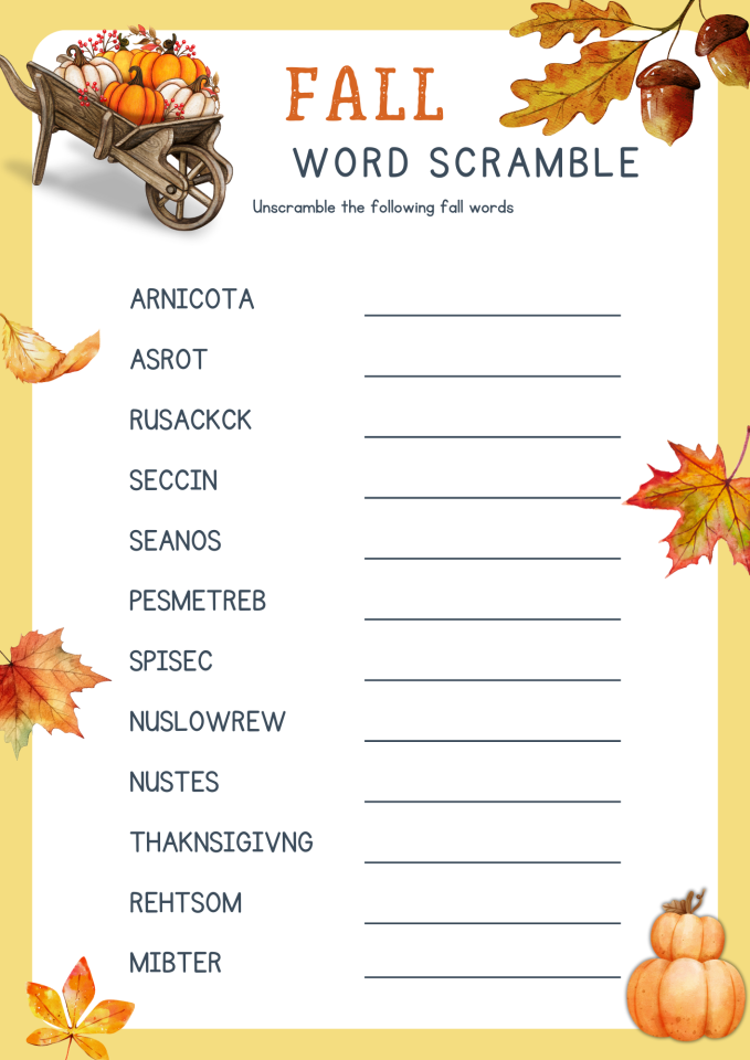 Fall Word Scramble (With Answers PDF) - Printables Mania