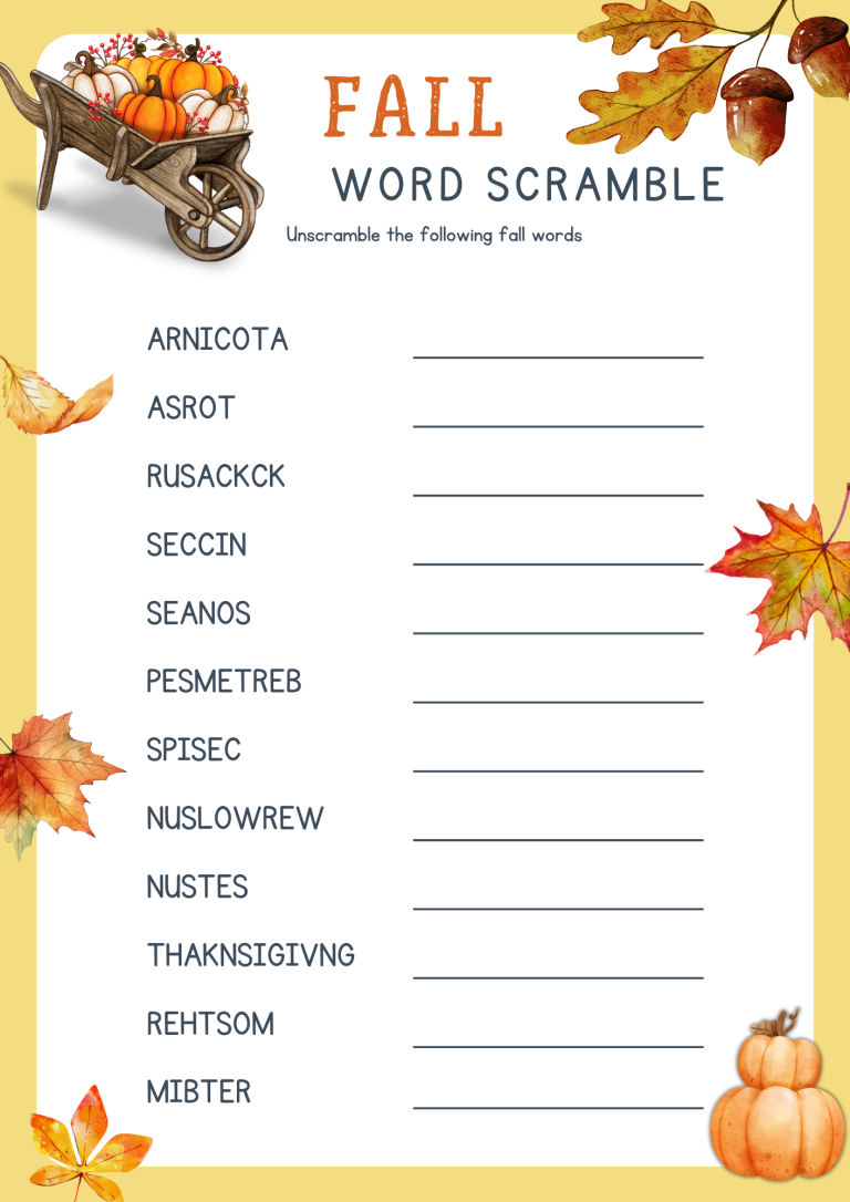 Fall Word Scramble (With Answers PDF) - Printables Mania