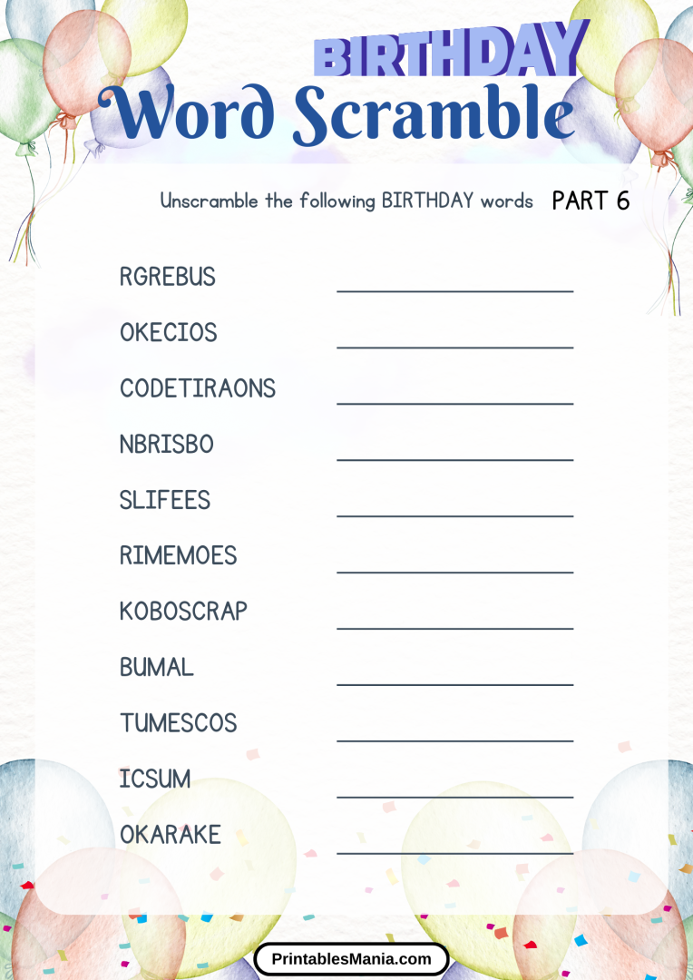 Birthday Word Scramble - Printables Mania