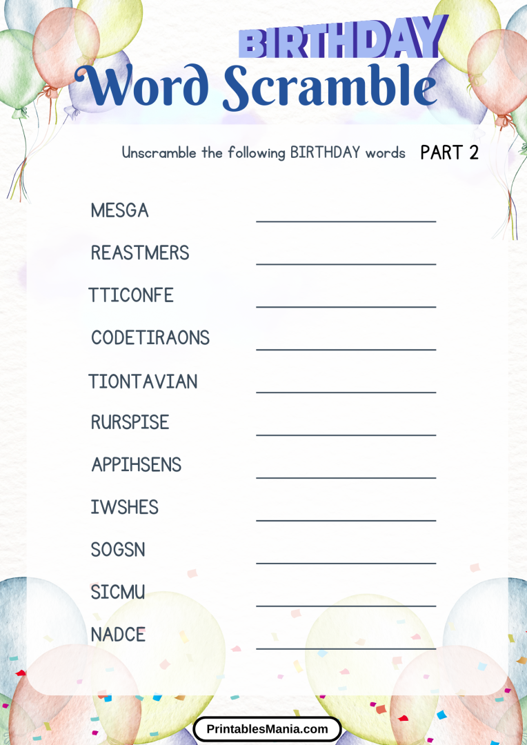 Birthday Word Scramble - Printables Mania