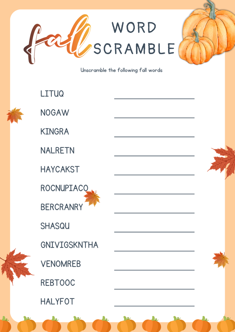 Fall Word Scramble (With Answers PDF) - Printables Mania