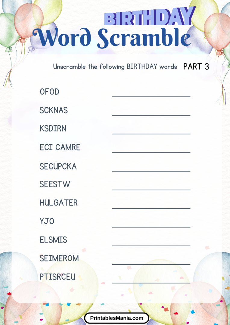 Birthday Word Scramble - Printables Mania