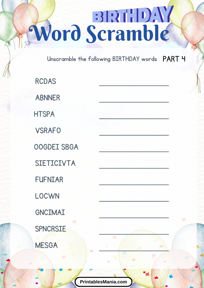 Birthday Word Scramble - Printables Mania